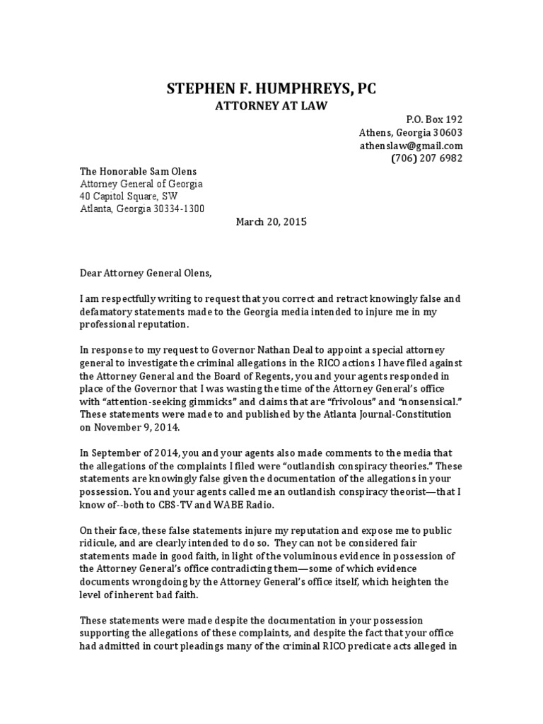 Olens Retraction Letter new | Complaint | Misconduct