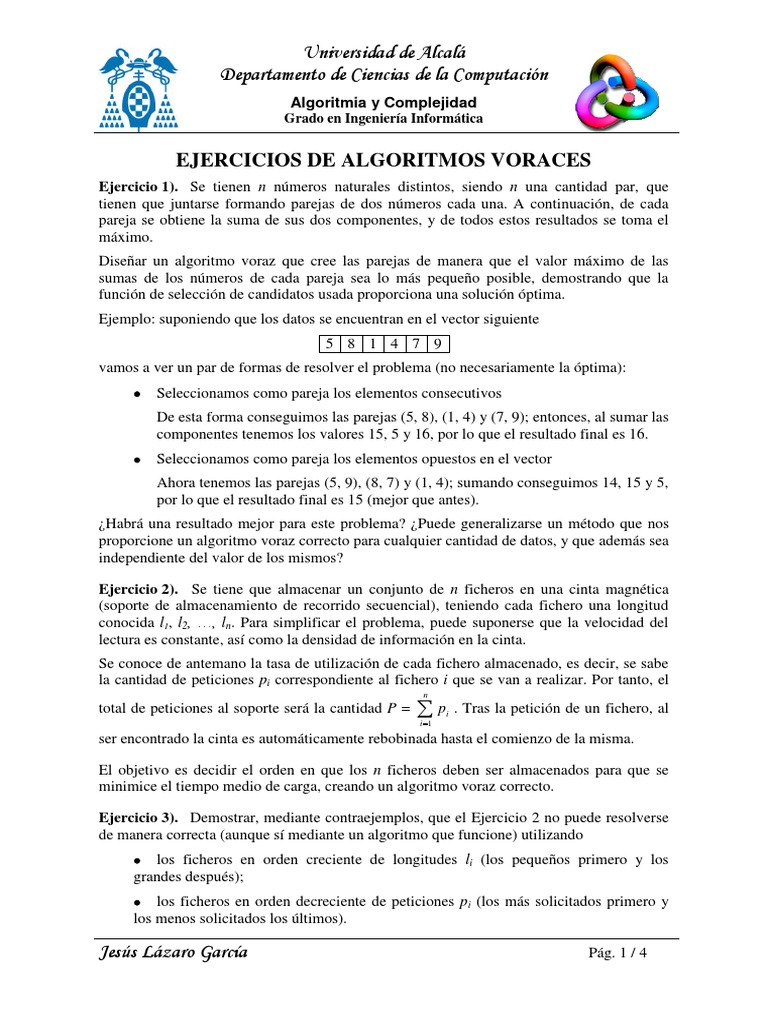 Ejercicios 03 Voraz | PDF | Algoritmos | Teoría de la complejidad ...