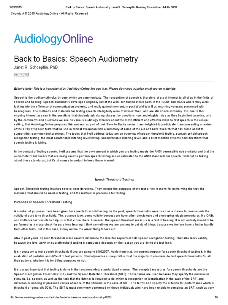 Back To Basics - Speech Audiometry Janet R | PDF | Hearing Loss ...