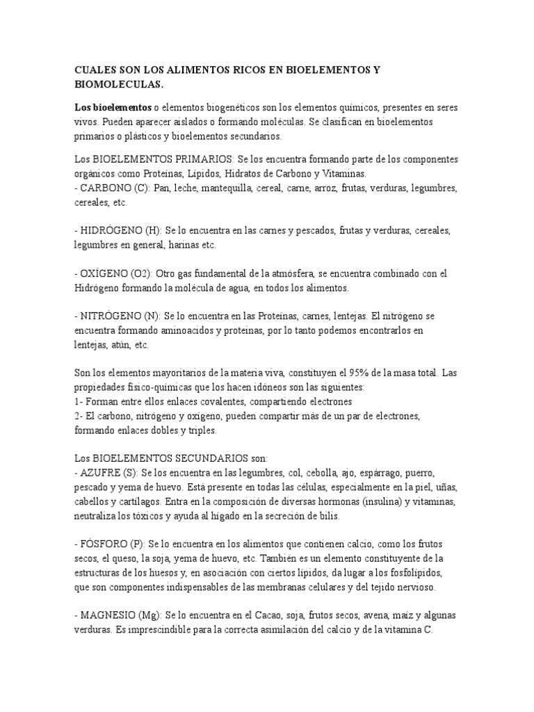 Cuales Son Los Alimentos Ricos en Bioelementos y Biomoleculas | PDF ...