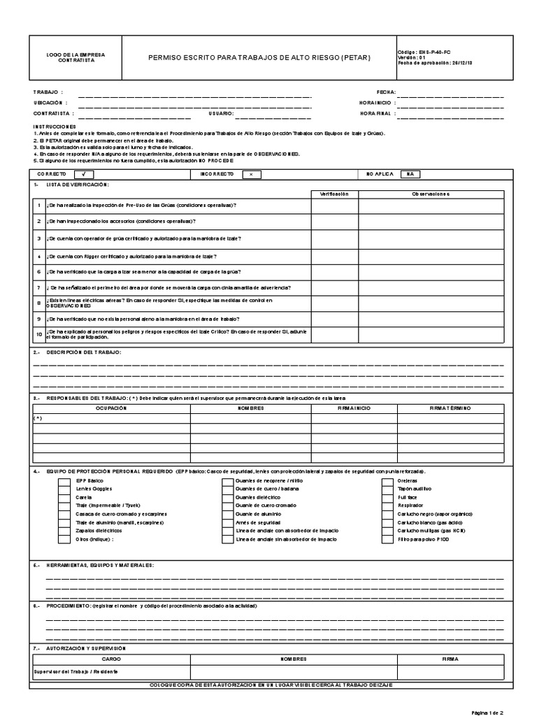 Permiso Escrito Para Trabajos de Alto Riesgo (PETAR)