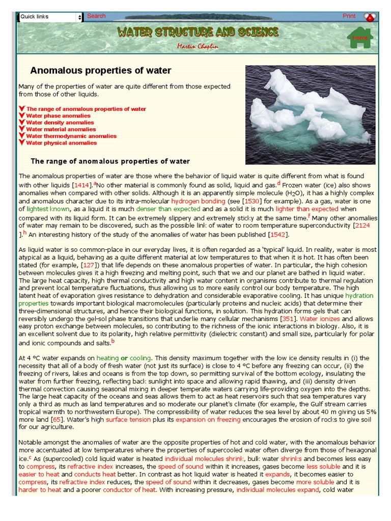 Anomalous Properties of Water Explained | PDF | Properties Of Water ...
