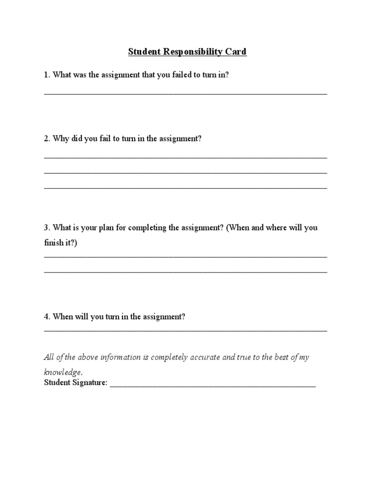 Student Responsibility Card | PDF | Cognition