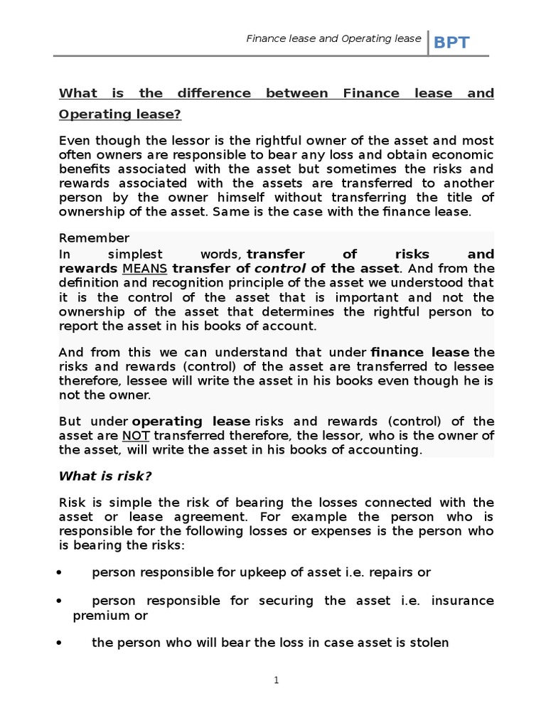 What Is The Difference Between Finance Lease And Operating Lease Pdf