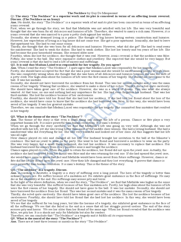 The Necklace by Guy de Maupassant | PDF | Irony | Destiny