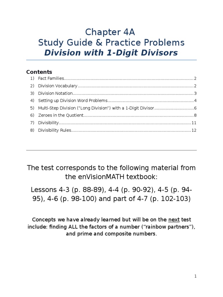 Chapter 4A Study Guide | PDF | Division (Mathematics) | Elementary ...