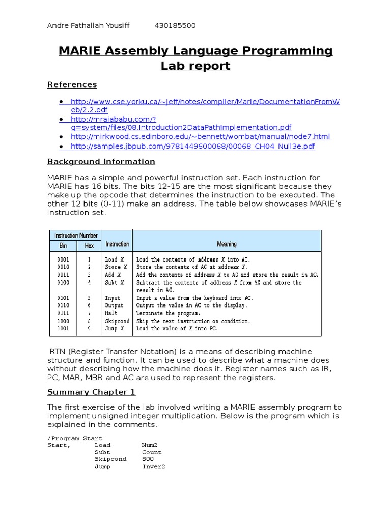 MARIE Assembly Language Programming Lab Report | PDF | Instruction Set | Assembly Language