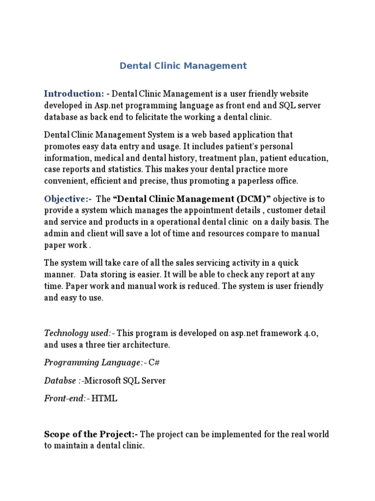 Dental Clinic Management | PDF | Microsoft Sql Server | Databases