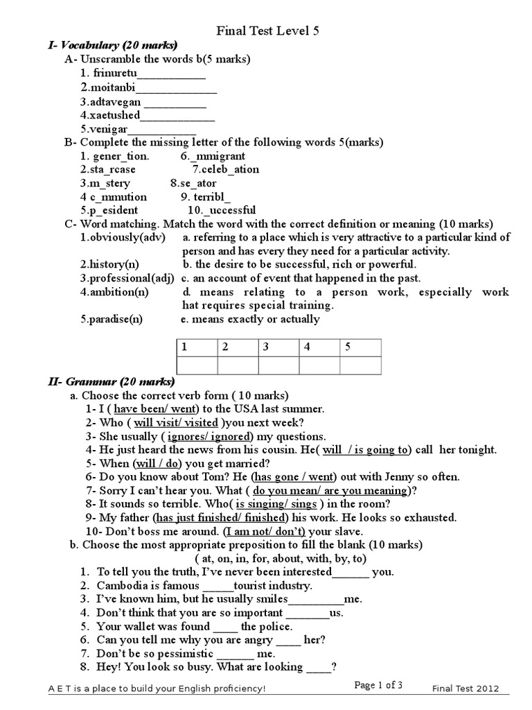 Final Test Level 5: I-Vocabulary (20 Marks) | PDF