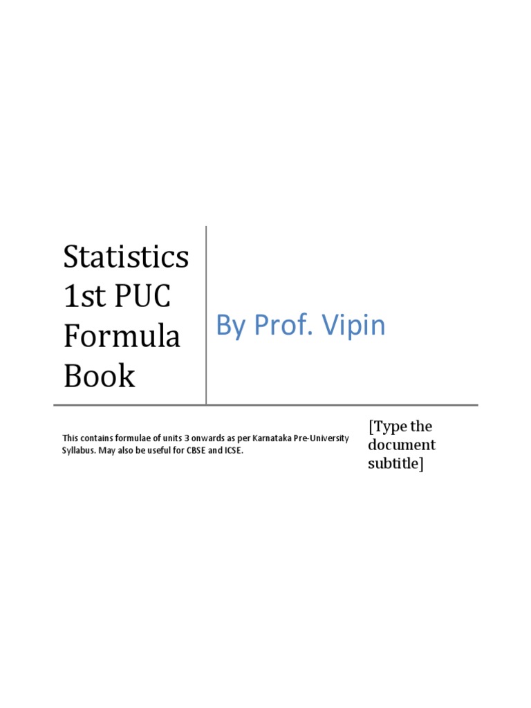 Statistics 1st PUC Formula Book | PDF | Probability Theory | Skewness