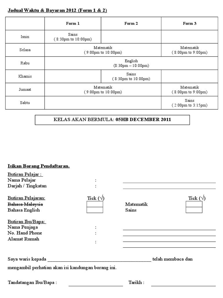 Jadual Waktu & Bayaran 2012 (Form 1 & 2) | PDF
