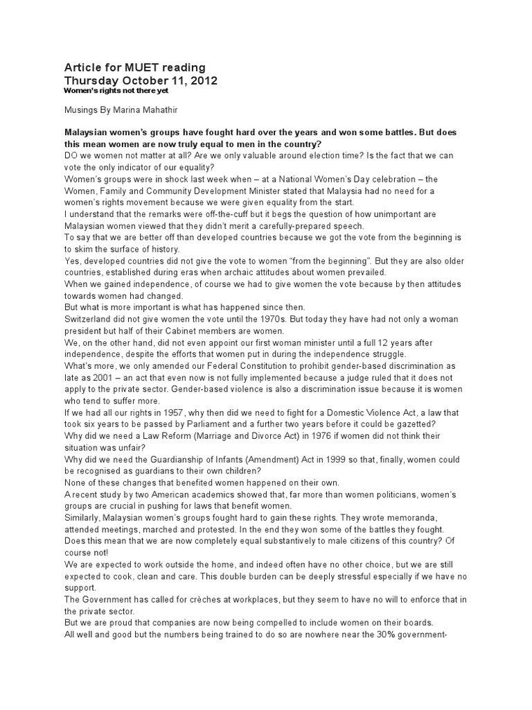 Article For MUET Reading | PDF | Social Exclusion | Women's Rights