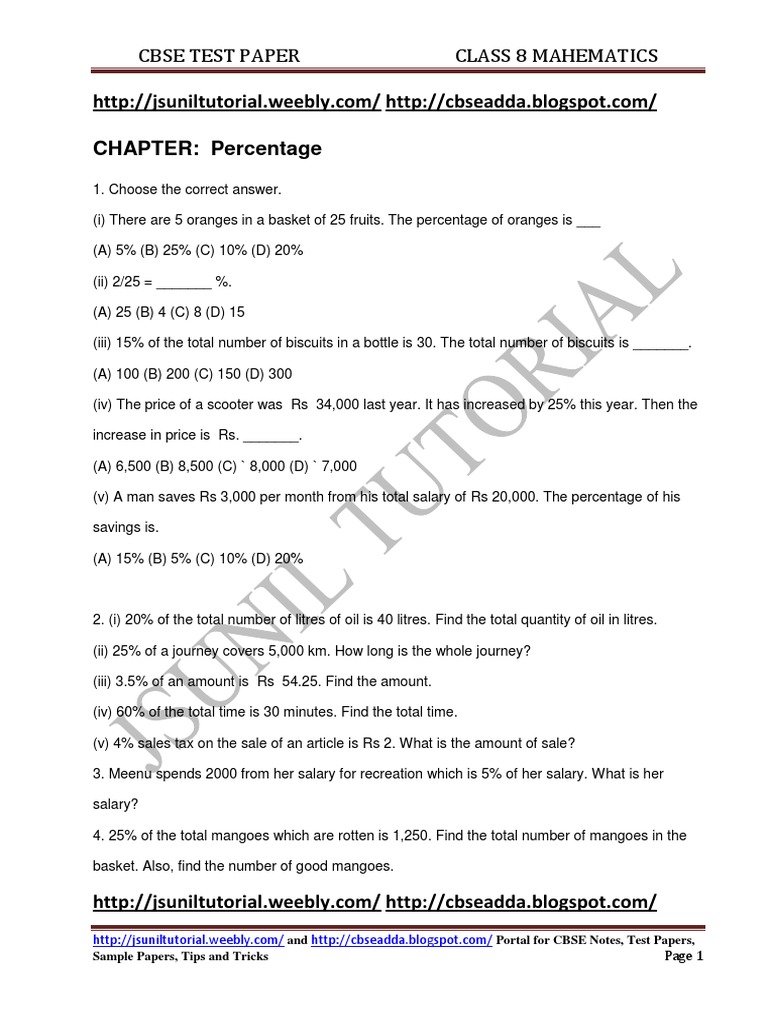 8th Math Percentage Test Papers | Percentage | Taxes
