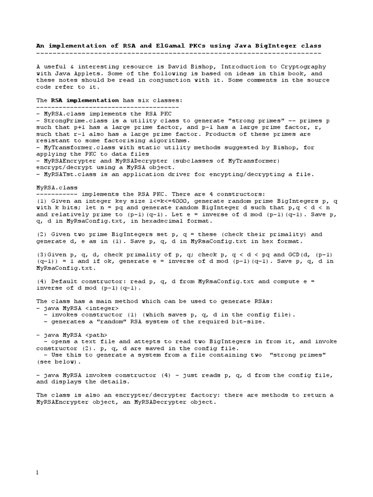 An Implementation Of Rsa And Elgamal Pkcs Using Java Biginteger Class Pdf Method Computer