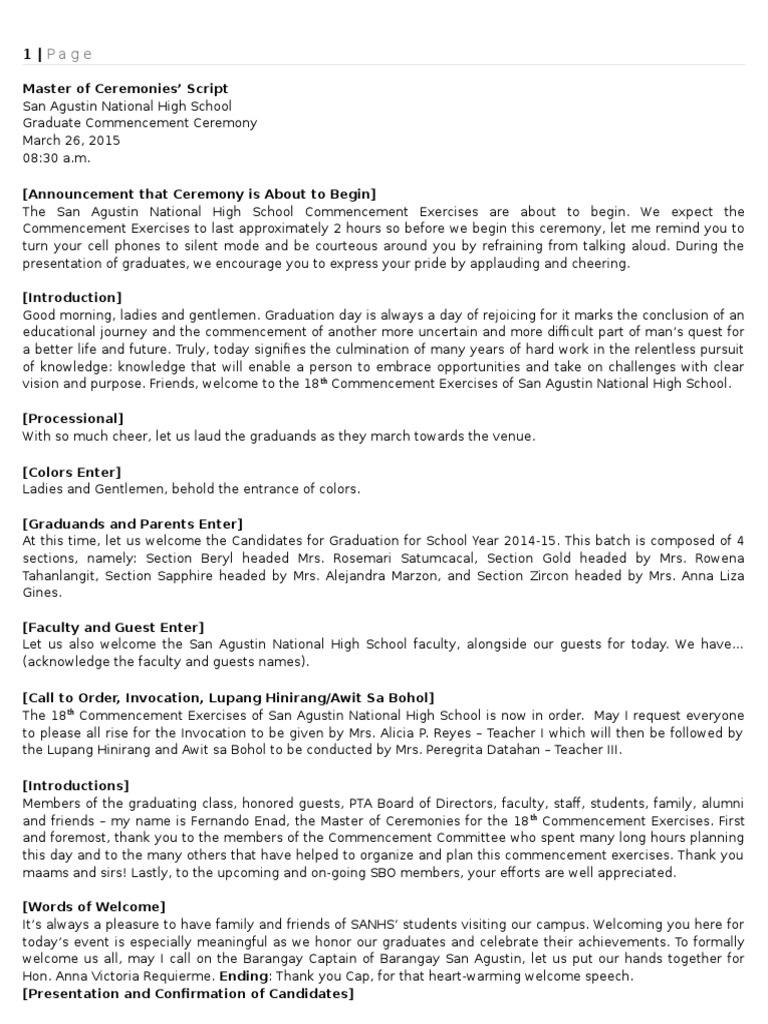 Master of Ceremonies Script - 18th Commencement Exercise - San Agustin ...
