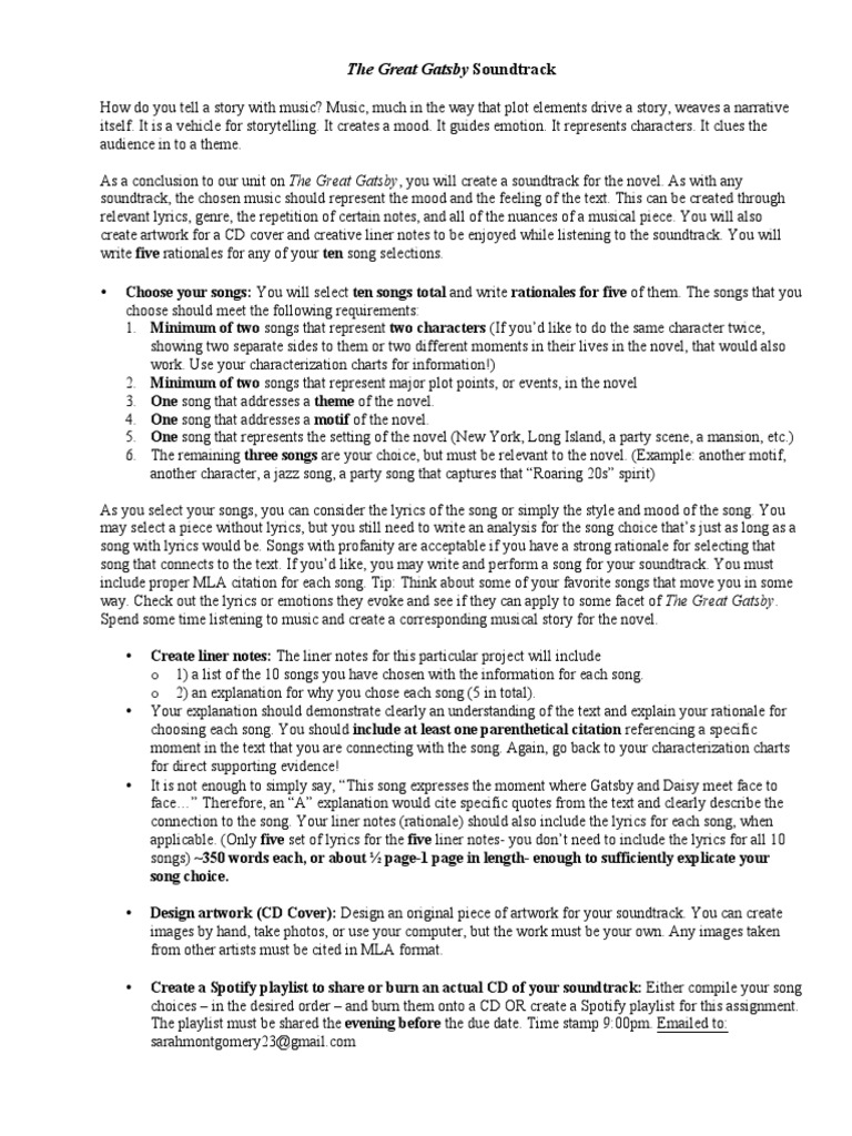 The Great Gatsby Soundtrack Project | PDF | Entertainment (General ...