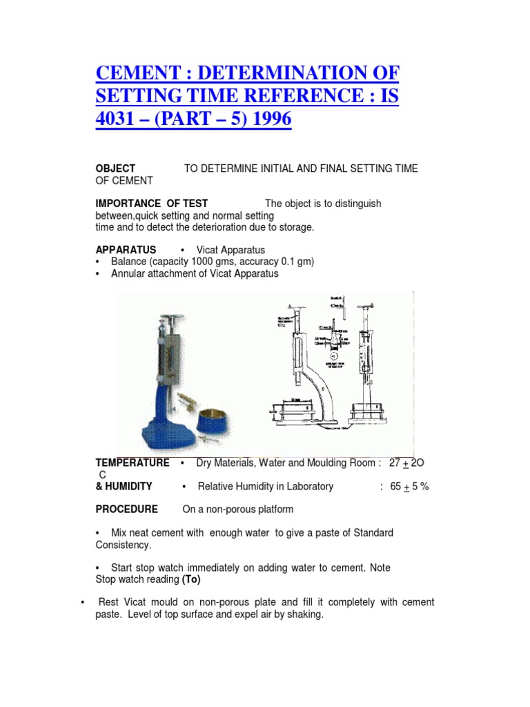 Cement Setting Time Test Procedure | PDF