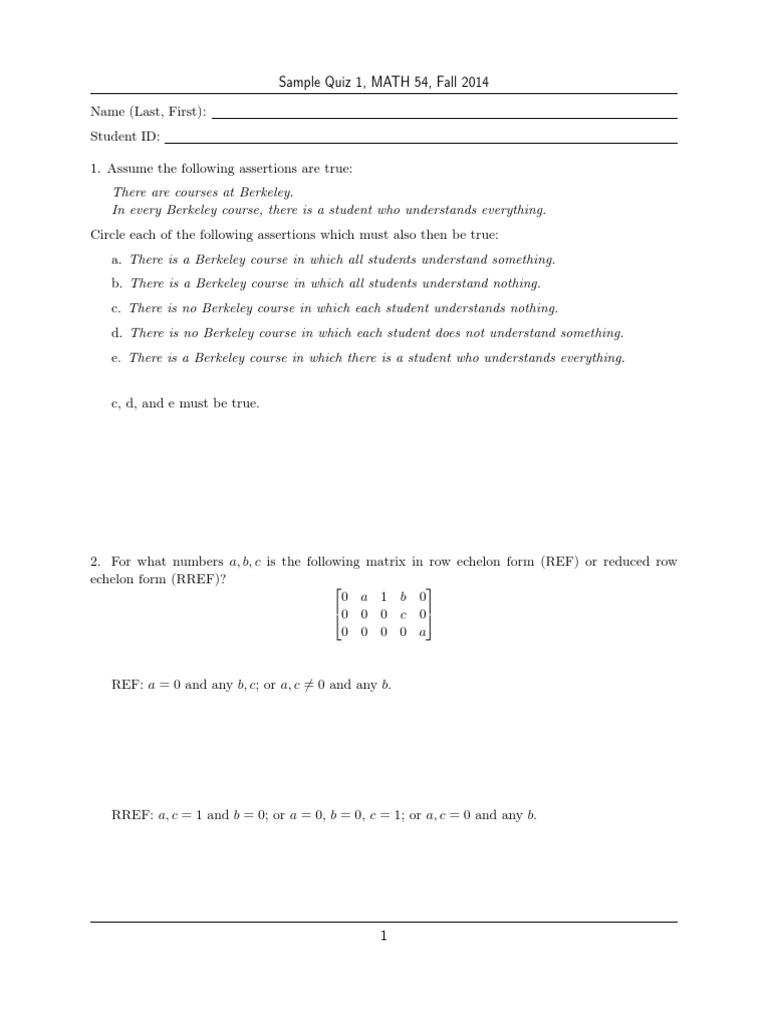 Berkeley Math 54 Sample Quizzes | PDF | Eigenvalues And Eigenvectors ...