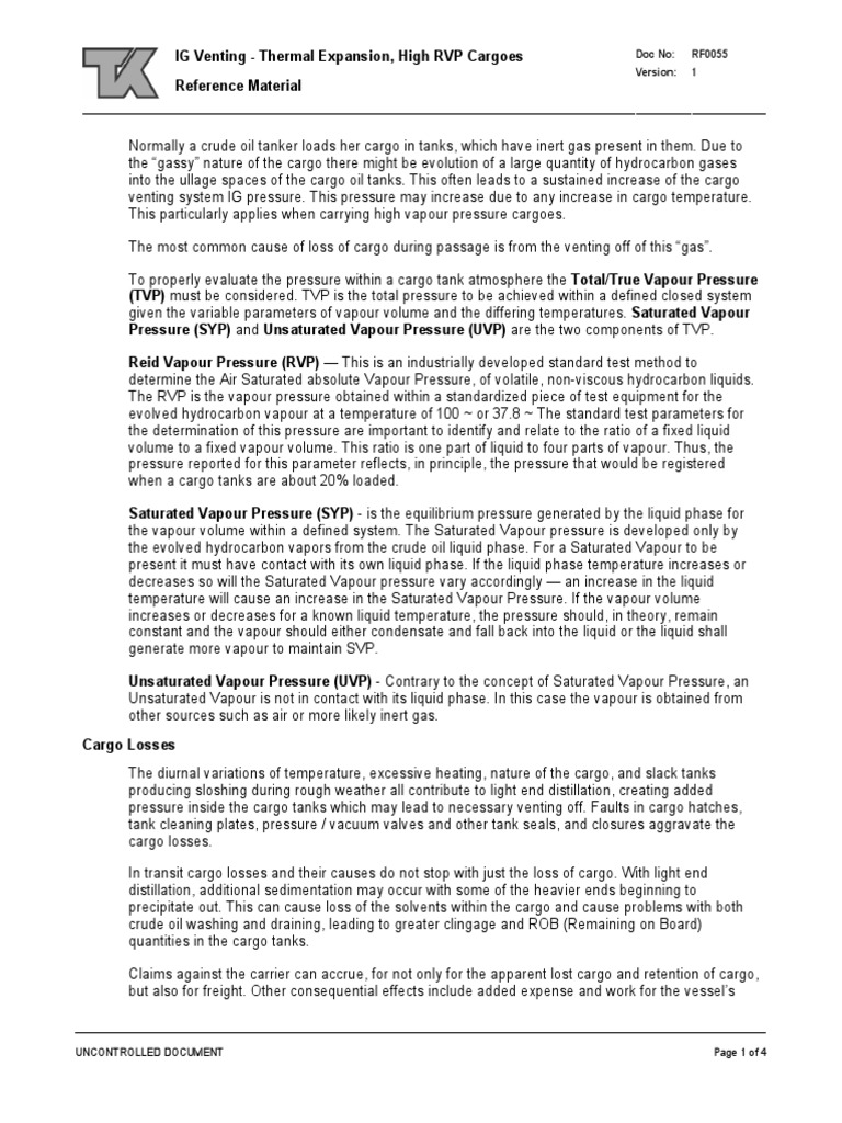 IG Venting Termal Expansion and High RVP Cargos | PDF | Vapor | Liquids