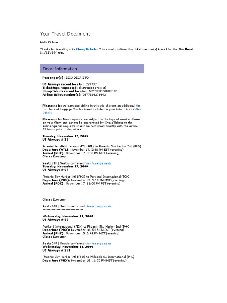 Your Travel Document | PDF | Us Airways | Aviation