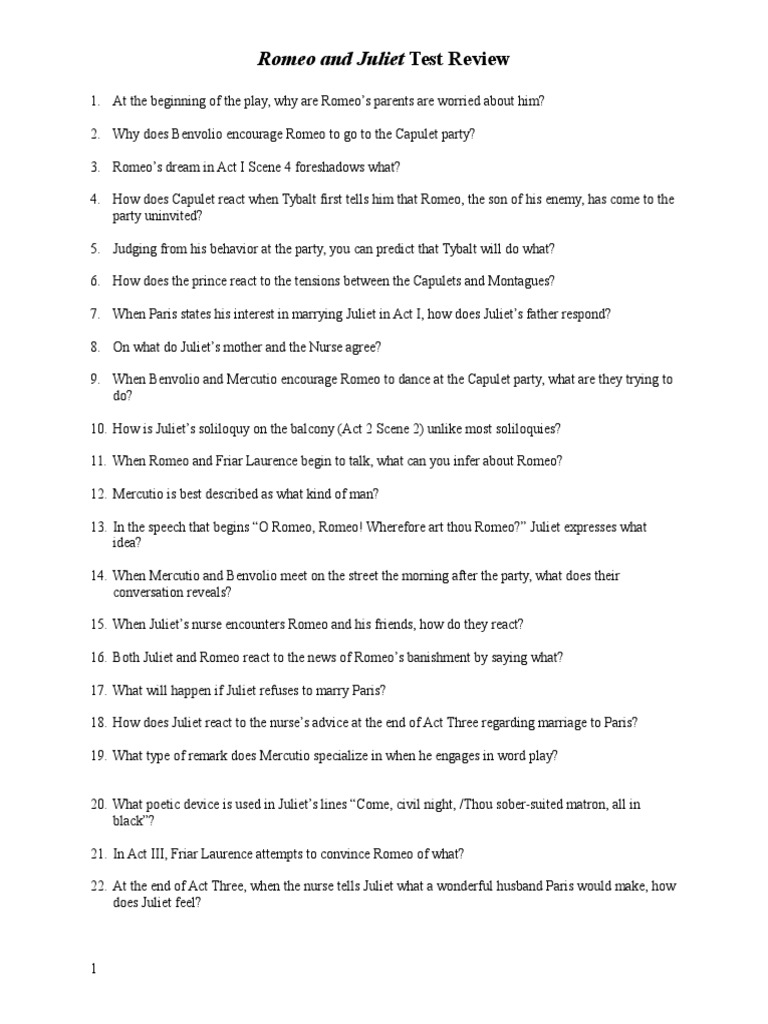 Romeo and Juliet Test Review 2013 | PDF | Characters In Romeo And ...