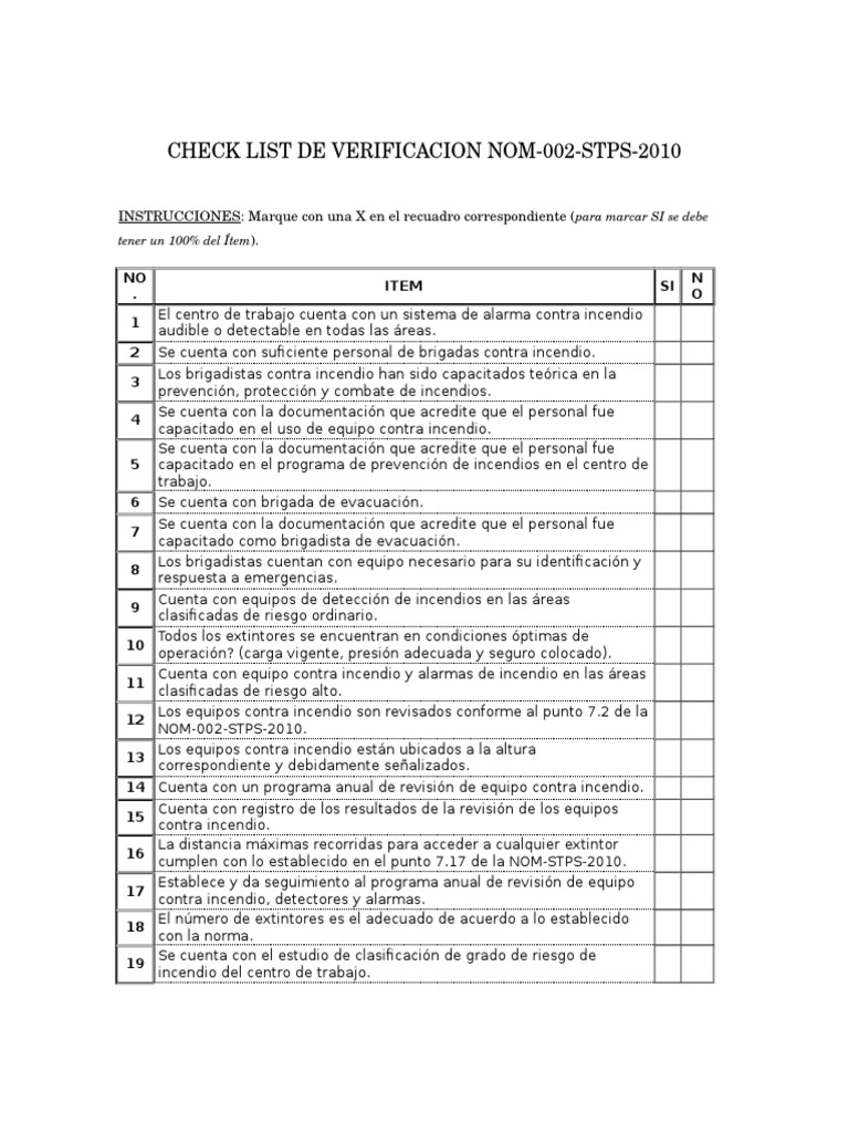 Check List de Verificacion Nom-002 | Tecnología (general) | Ciencia