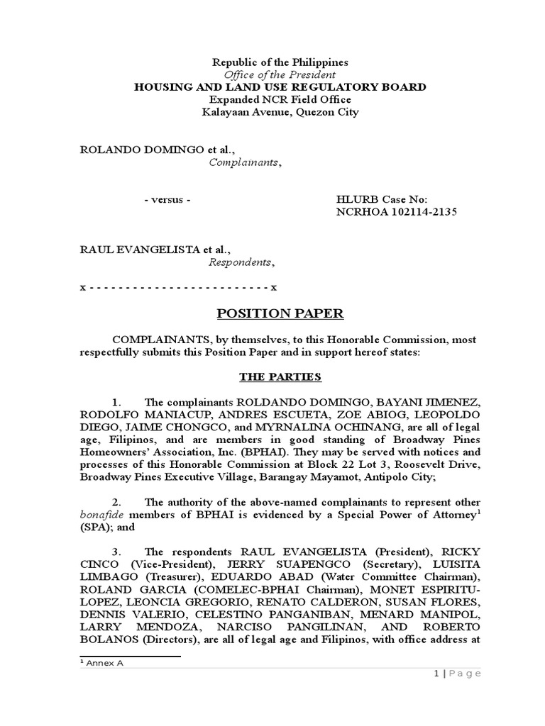 Hlurb Position Paper (Sample) | PDF | Board Of Directors | By Law