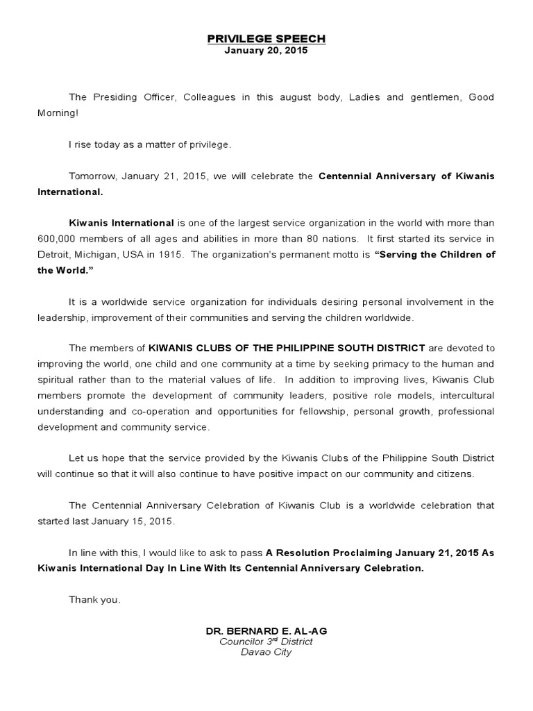 Privilege Speech - Kiwanis January 20 | Service Industries | Health ...