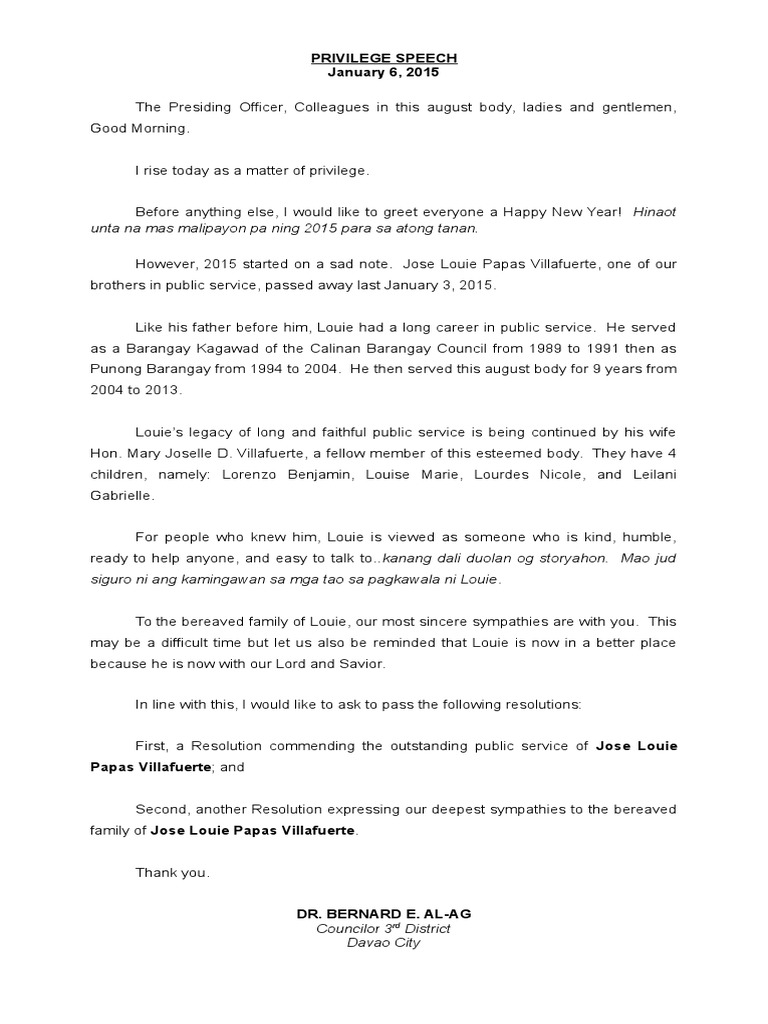 PRIVILEGE SPEECH For Jan 6 2015 Louie Villafuerte | PDF