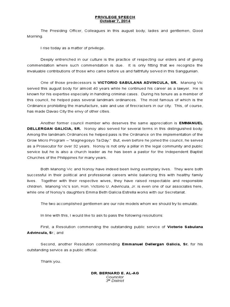 Privilege Speech For Oct 7 | PDF