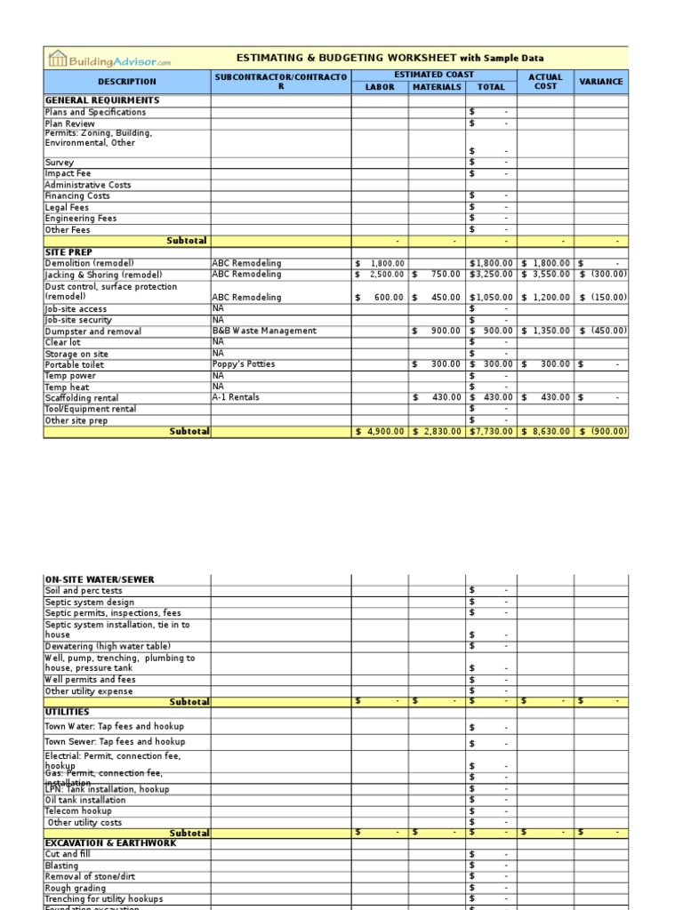 Construction Estimating Worksheet | PDF | Framing (Construction) | Basement