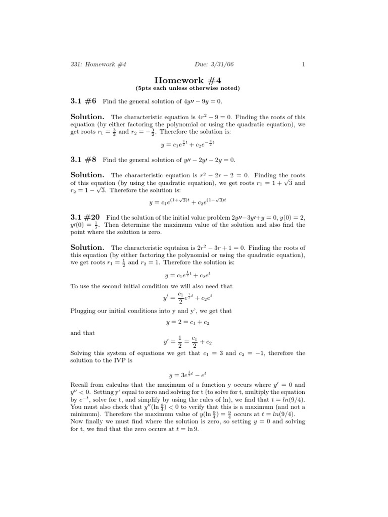 Differential Equations Homework 4 | PDF | Trigonometric Functions ...