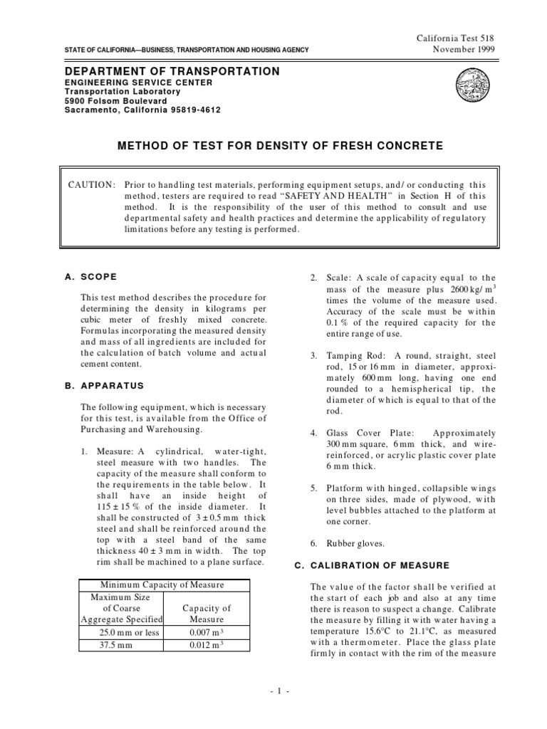 Density Test For Fresh Concrete | PDF