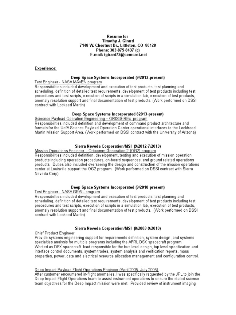 Tim Girard Resume 8 2013 | PDF | Jet Propulsion Laboratory | Spacecraft