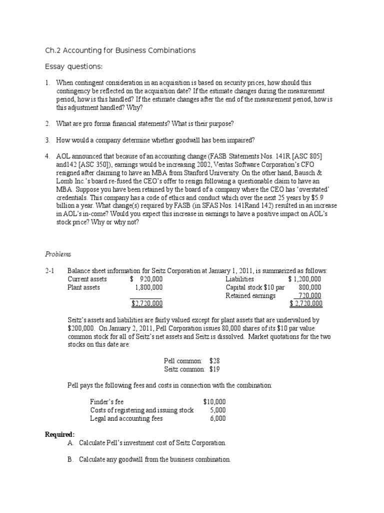 Ch.2 Accounting For Business Combinations | PDF | Book Value | Balance ...
