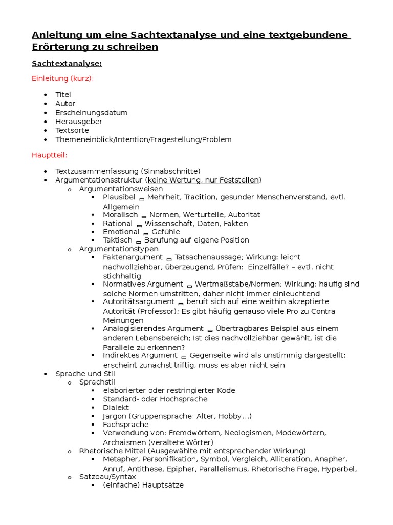 Anleitung Um Eine Sachtextanalyse Und Eine Textgebundene Erörterung Zu ...