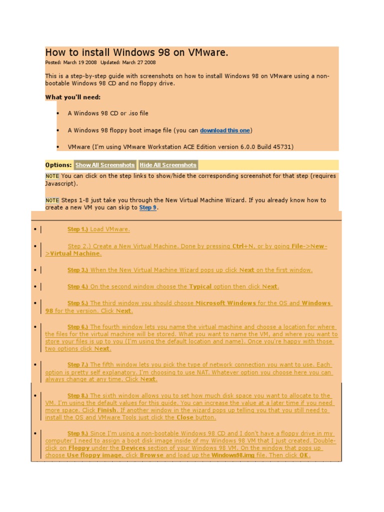 Install Windows 98 on VMware Guide | PDF | Dos | Microsoft Windows