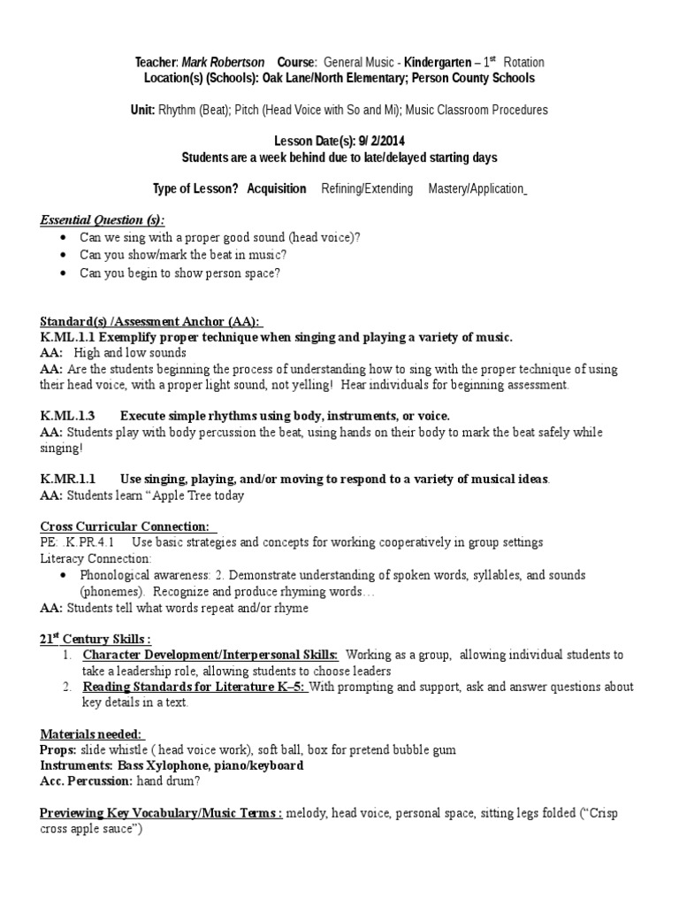 Kindergarten Music Lesson Plan: Rhythm & Voice | PDF | Singing | Human ...