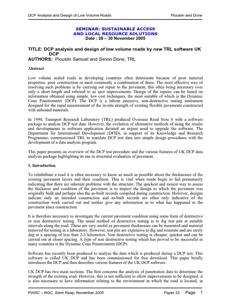 DCP Analysis and Design of Low Volume Roads by New TRL Software UK DCP ...