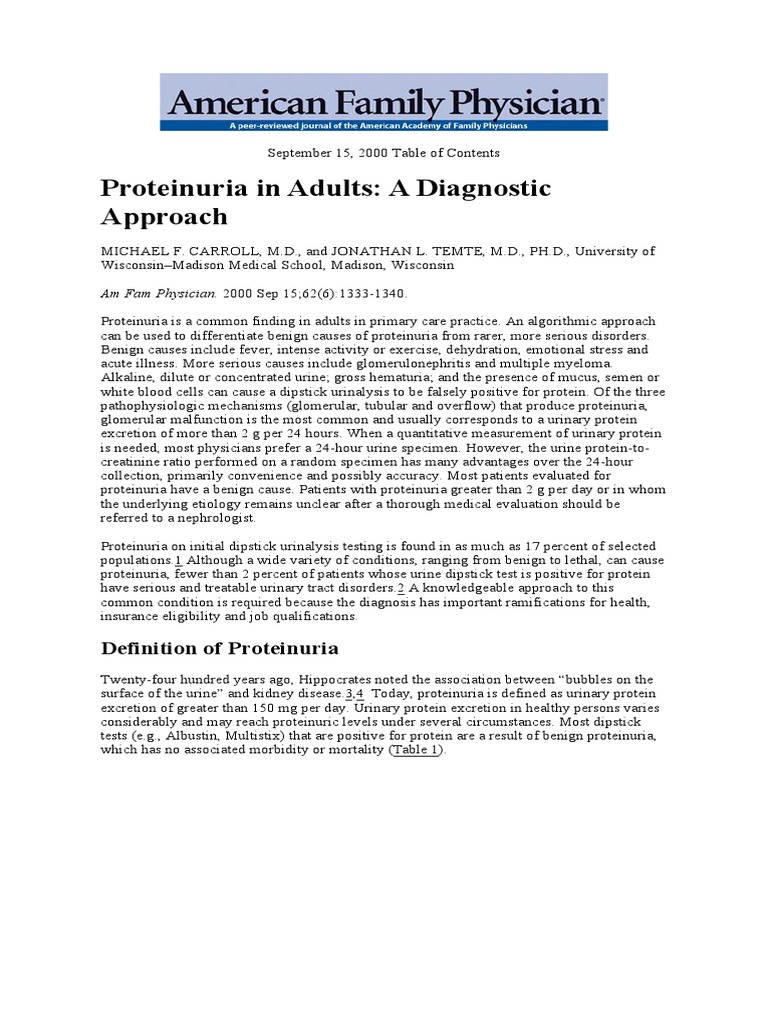 Proteinuria in Adults and Diagnostic Approach | PDF | Renal Function ...