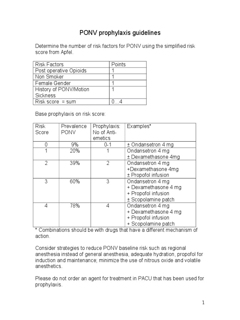 PONV Prophylaxis and Risk Factors Guide | PDF | Anesthesia | Medicine