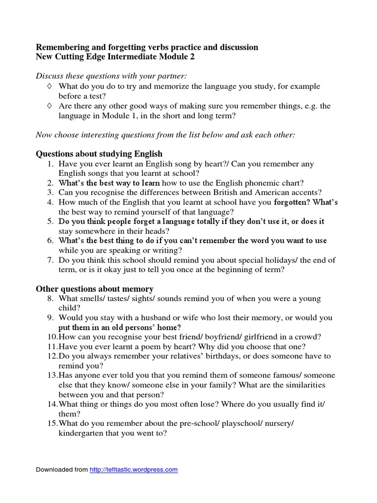 Remembering and Forgetting Discussion Questions | PDF | English ...