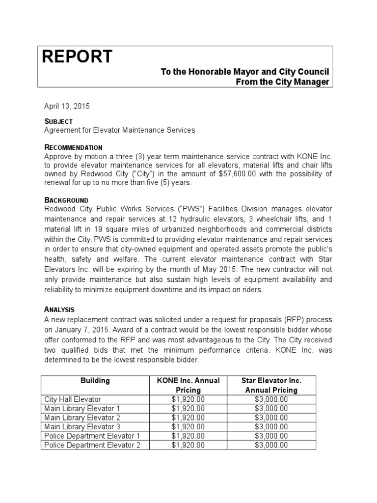 Elevator Maintenance Staff Report | PDF | Elevator | Request For Proposal