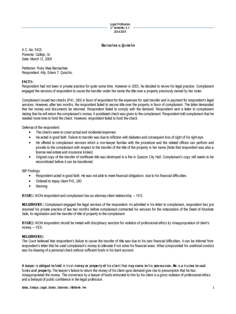 Barnachea v. Quiocho - Digest | PDF | Practice Of Law | Lawyer