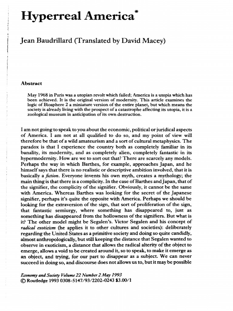 Baudrillard J. - Hyperreal America - 1993 | PDF