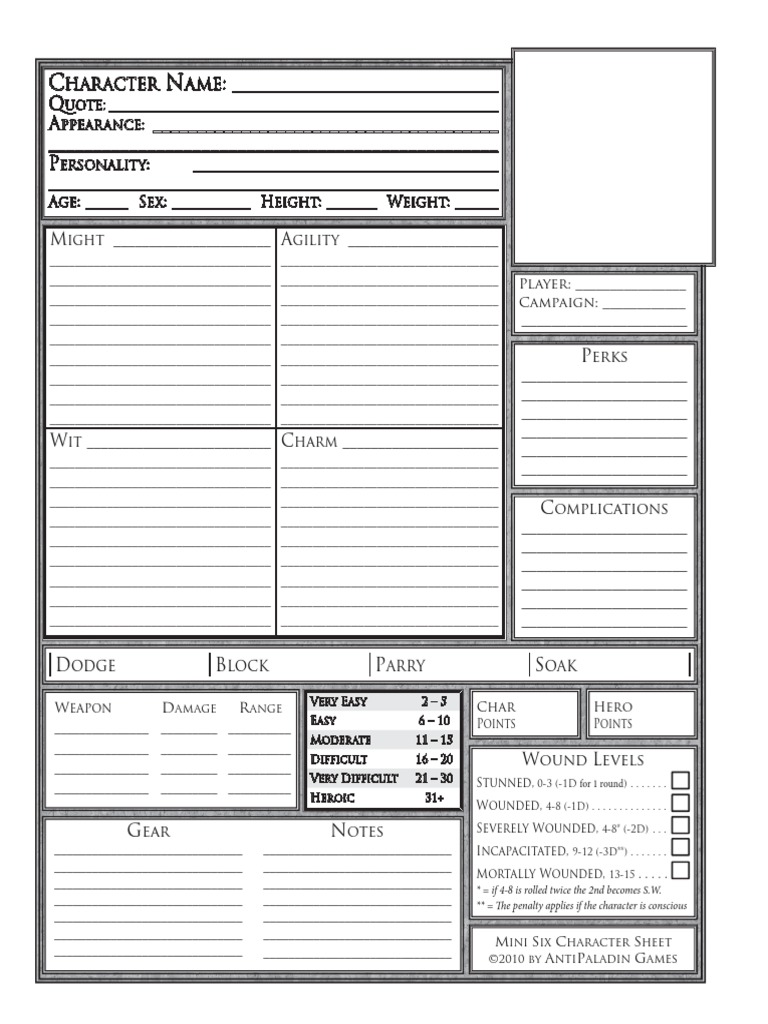 Mini Six RPG Character Sheet Template | PDF | Career & Growth