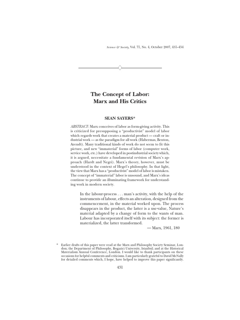 The Concept of Labor: Marx and His Critics: Sean Sayers | PDF | Social ...