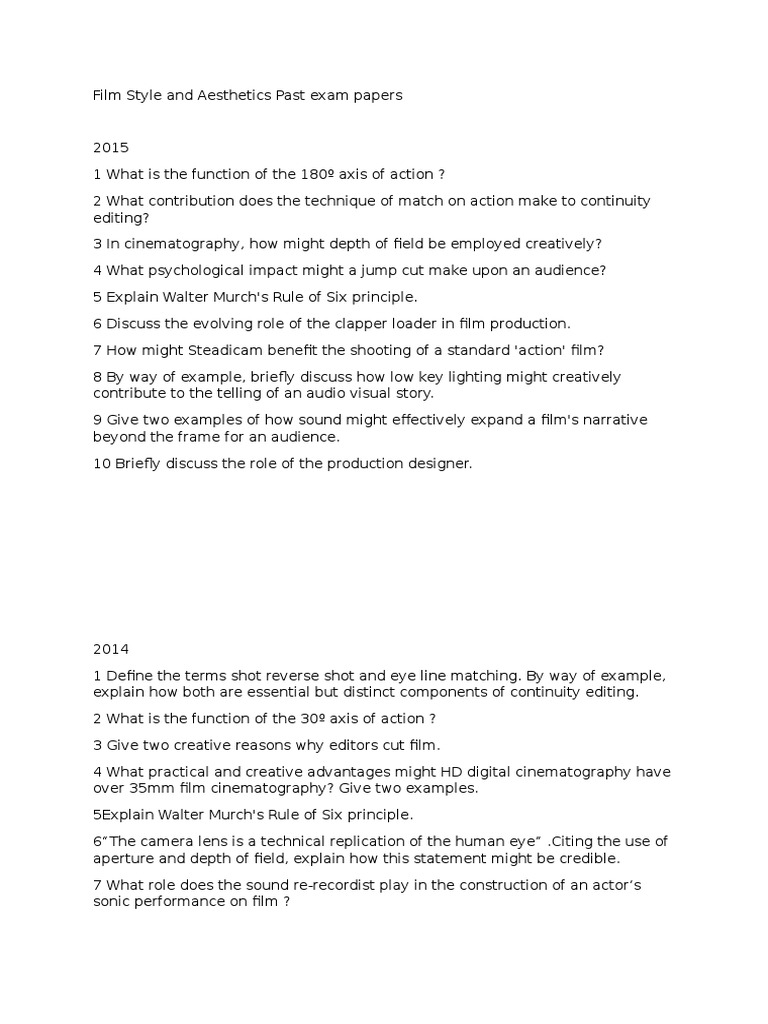 Film Style and Aesthetics Past Exam Papers | PDF | Cinematography ...