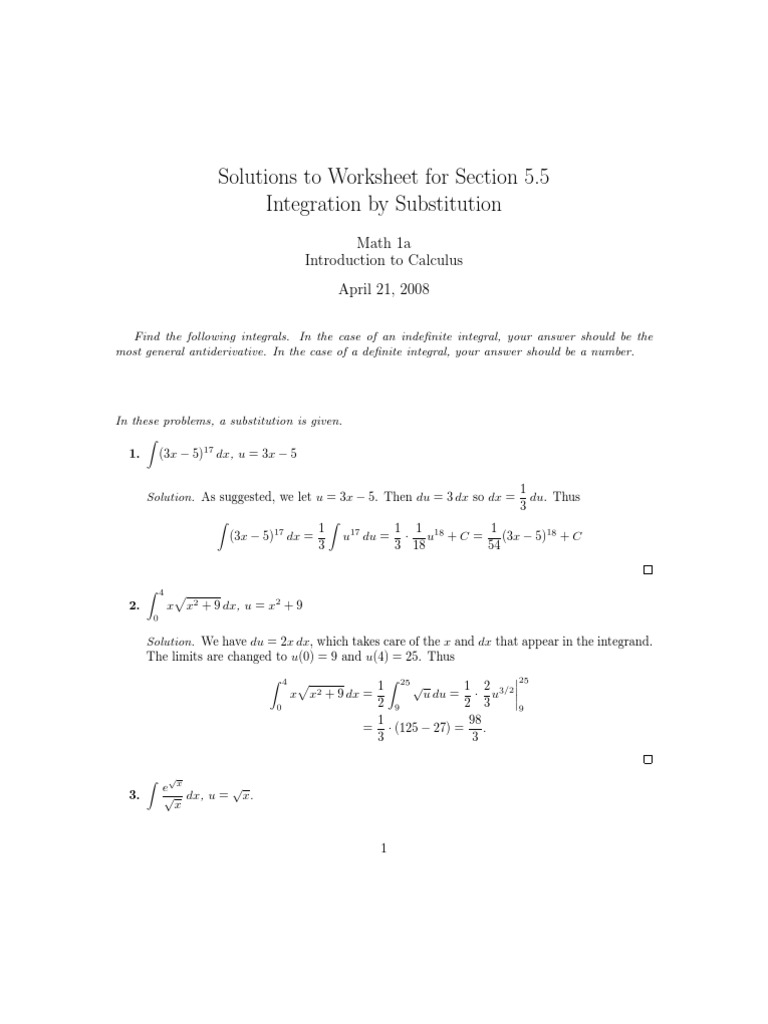 Lesson 29: Integration by Substitution (Worksheet Solutions) | PDF ...