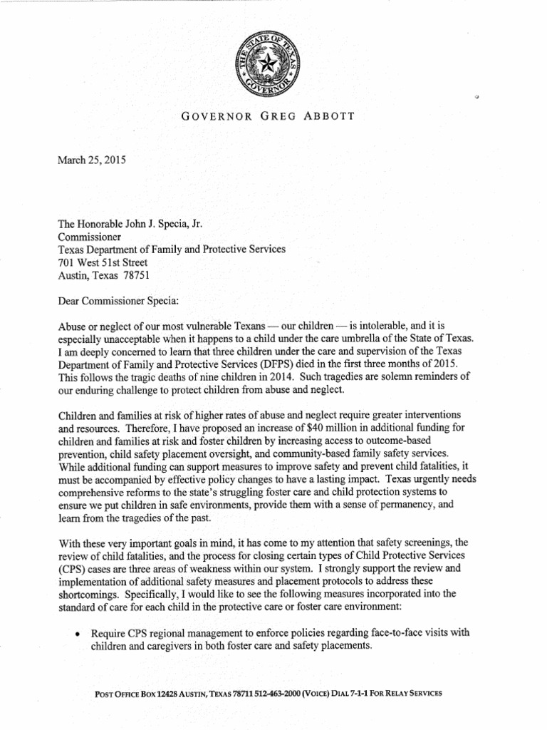 Gov Abbott's Letter To DFPS | PDF | Foster Care | Child Protective Services